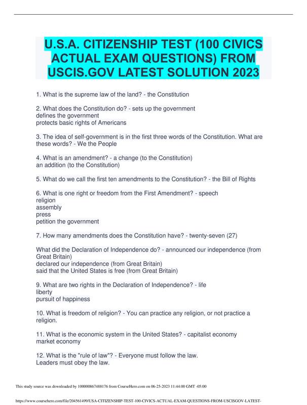 U.S.A. CITIZENSHIP TEST (100 CIVICS ACTUAL EXAM QUESTIONS) FROM USCIS ...