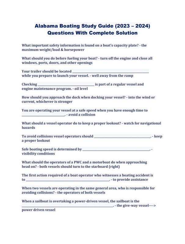 Alabama Boating Study Guide (2023 – 2024) Questions With Complete Solution