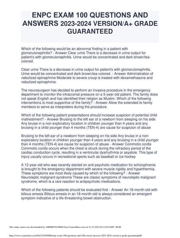 ENPC EXAM 100 QUESTIONS AND 100% CORRECT ANSWERS 2023- 2024 VERSION/A+ ...