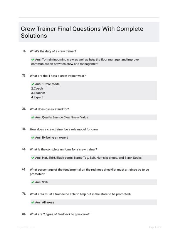 Crew Trainer Final Questions With Complete Solutions