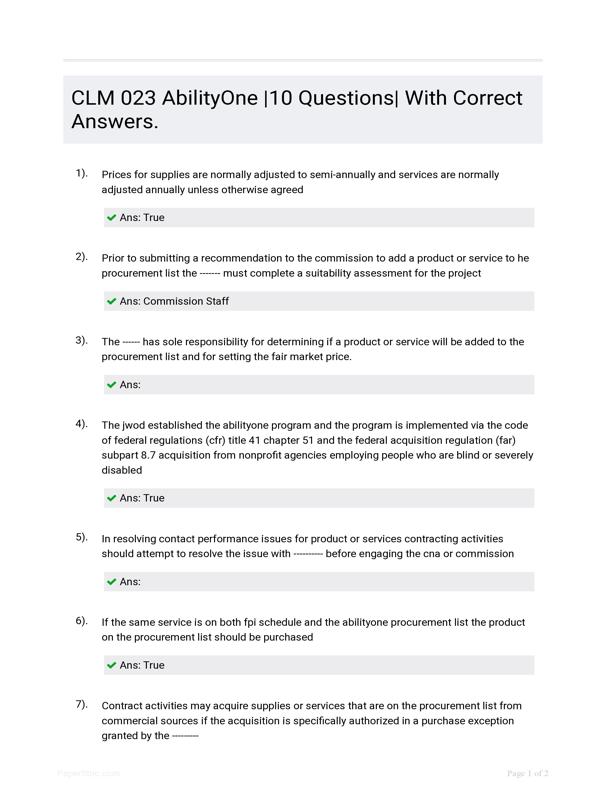 CLM 023 AbilityOne |10 Questions| With Correct Answers.