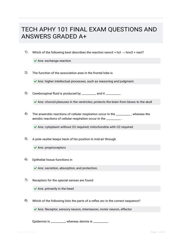 IVY TECH APHY 101 FINAL EXAM Complete
