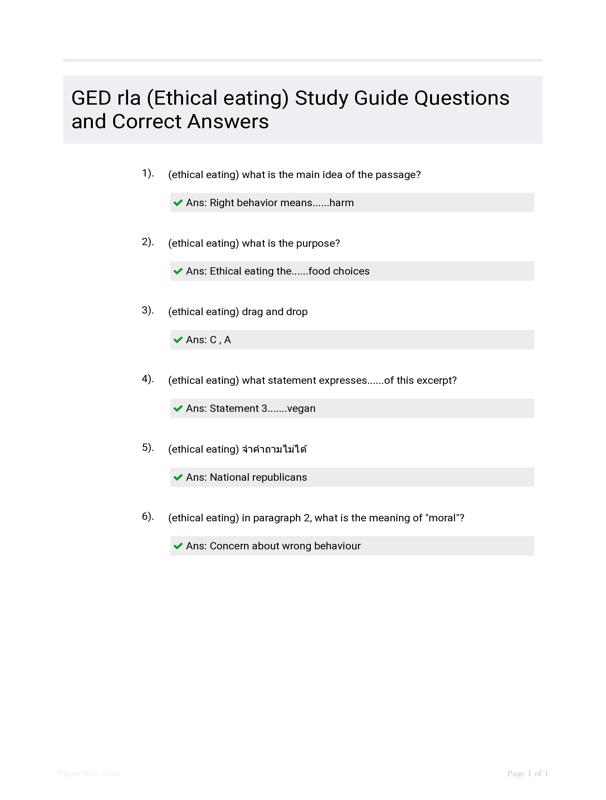GED Rla (Ethical Eating) Study Guide Questions And Correct Answers