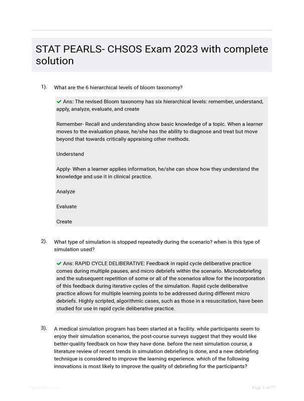 STAT PEARLS- CHSOS Exam 2023 With Complete Solution
