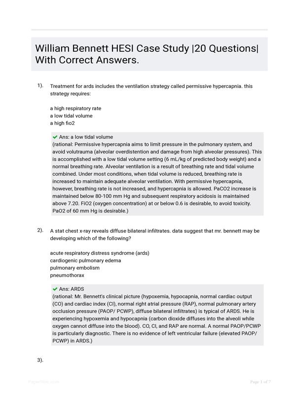 William Bennett HESI Case Study Study Guide Questions And Correct Answers