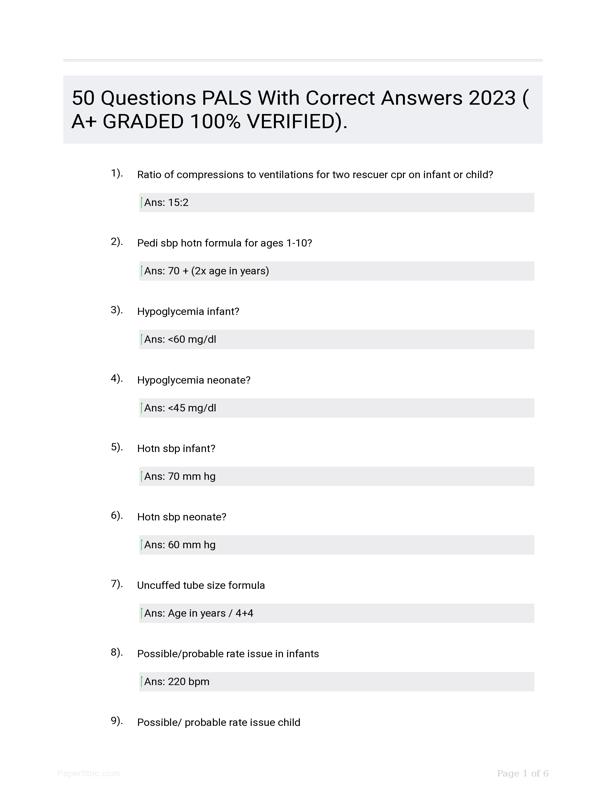 PALS Exam | 50 Questions With Complete Solutions