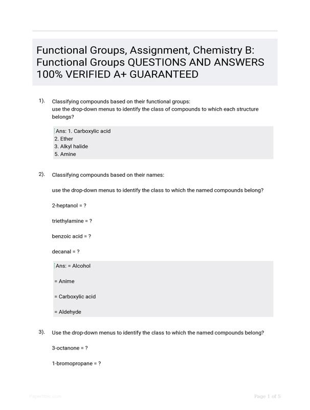 Functional Groups,Assignment, Chemistry B: Functional Groups QUESTIONS AND ANSWERS 100% VERIFIED ...
