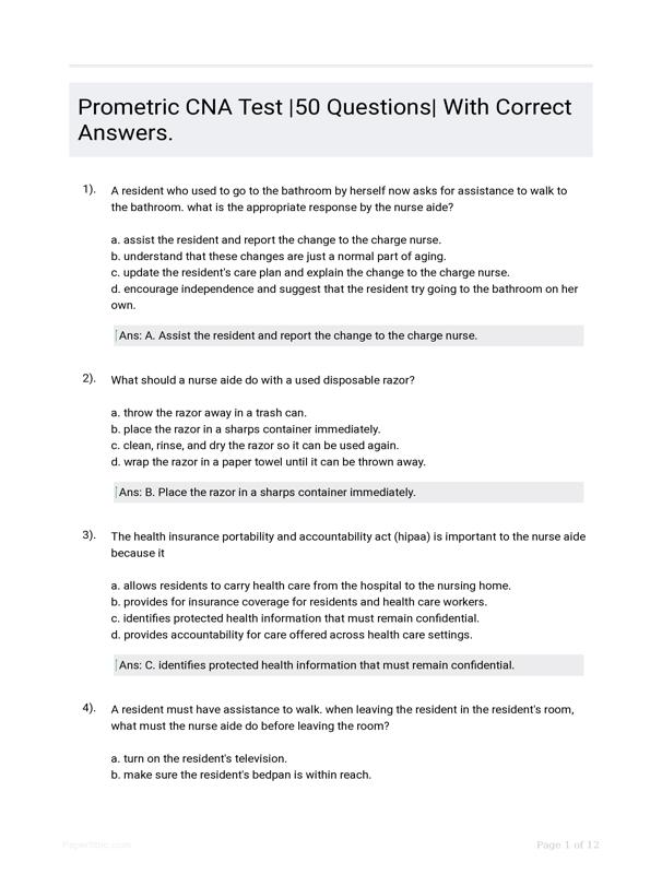 Prometric CNA Test |50 Questions| With Correct Answers. Prometric CNA Test |50 Questions| With Correct Answers.