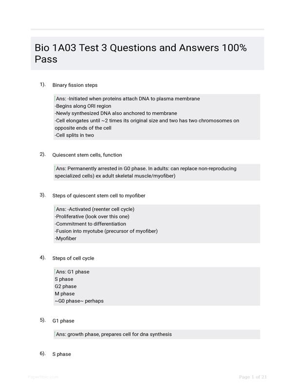 Bio 1A03 Test 3 Questions And Answers 100% Pass