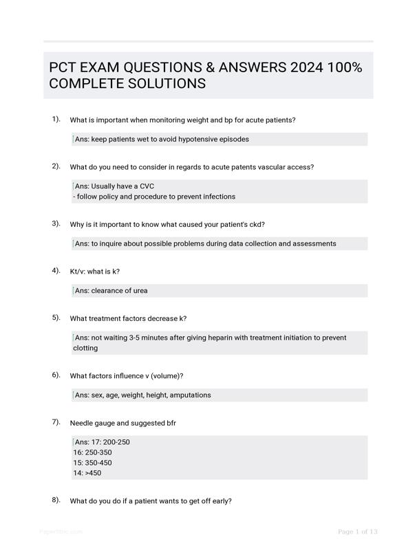 PCT EXAM QUESTIONS & ANSWERS 2024 100% COMPLETE SOLUTIONS