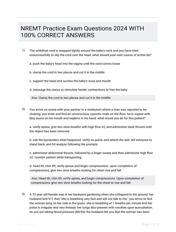 NREMT Practice Exam Questions 2024 WITH 100% CORRECT ANSWERS