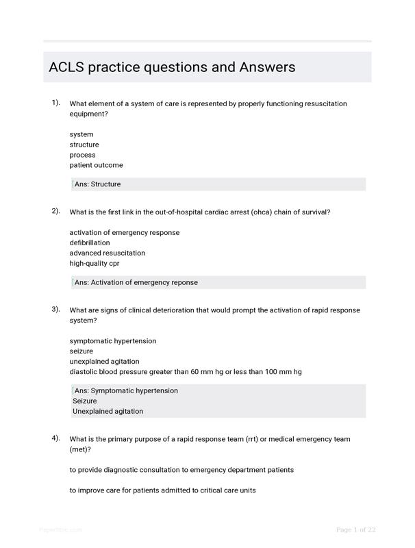 ACLS Practice Questions And Answers