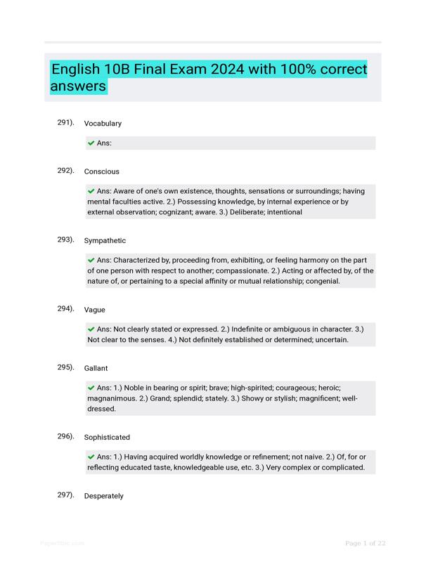 English 10B Final Exam 2024 With 100% Correct Answers