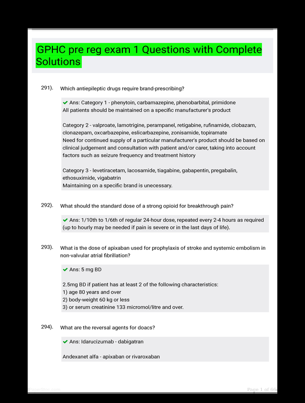 Gphc Pre Reg Exam 1 Questions With Complete Solutions
