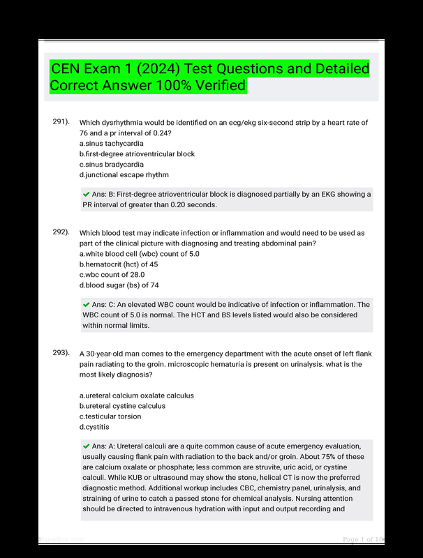 CEN Exam 1 (2024) Test Questions And Detailed Correct Answer 100% Verified