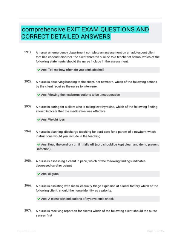 Comprehensive EXIT EXAM QUESTIONS AND CORRECT DETAILED ANSWERS