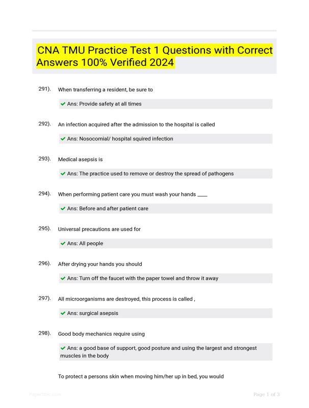 CNA TMU Practice Test 1 Questions With Correct Answers 100% Verified 2024