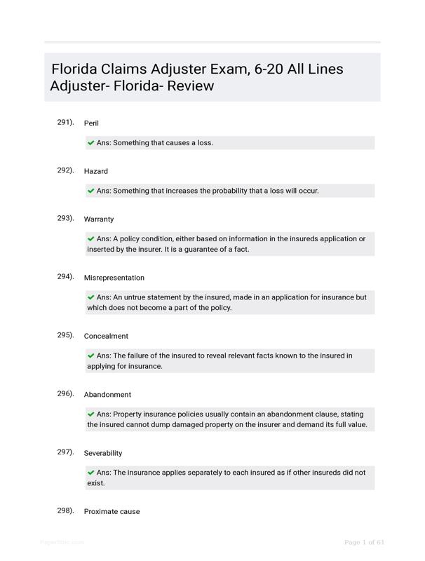 Florida Claims Adjuster Exam, 6-20 All Lines Adjuster- Florida- Review