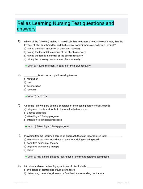Relias Learning Nursing Test Questions And Answers