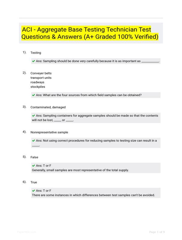 ACI - Aggregate Base Testing Technician Test Questions & Answers (A+ ...
