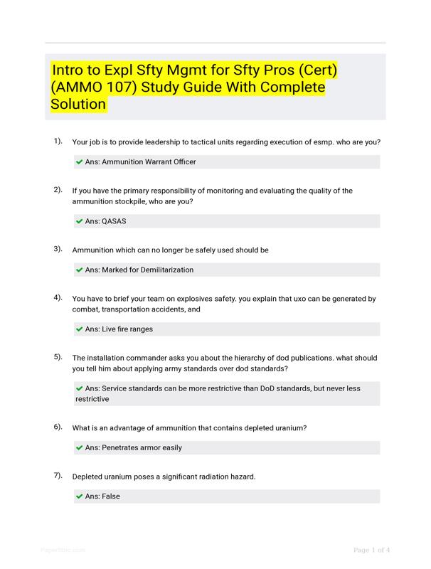 Intro To Expl Sfty Mgmt For Sfty Pros (Cert) (AMMO 107) Study Guide ...