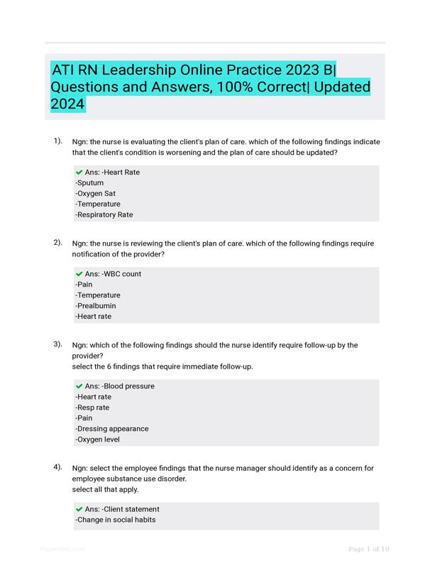 ATI RN Leadership Online Practice 2023 B| Questions And Answers, 100% Correct| Updated 2024