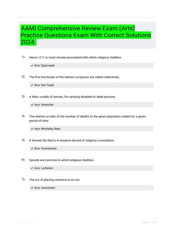AAMI Comprehensive Review Exam (Arts) Practice Questions Exam With ...