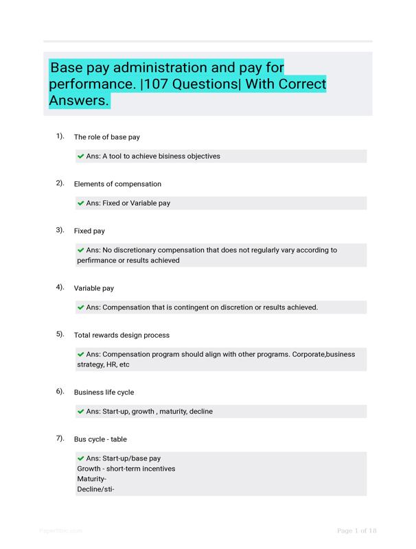 Base Pay Administration And Pay For Performance. |107 Questions| With ...