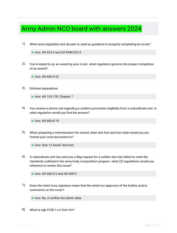 Army Admin NCO Board With Answers 2024