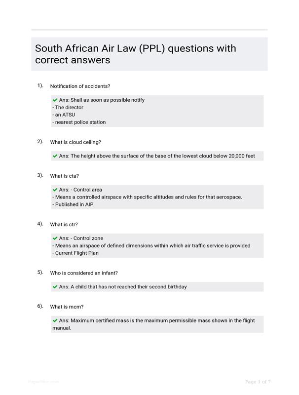 South African Air Law (PPL) Questions With Correct Answers