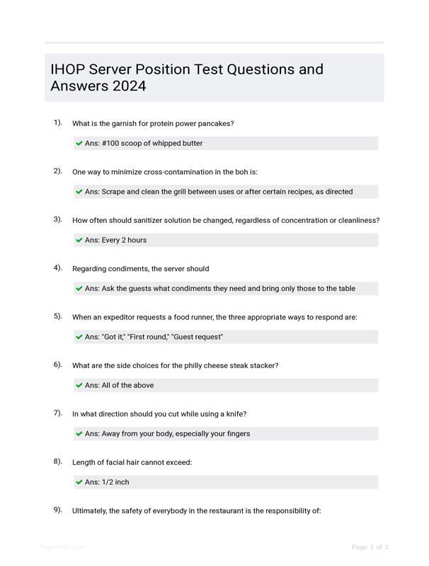 IHOP Server Position Test Questions And Answers 2024