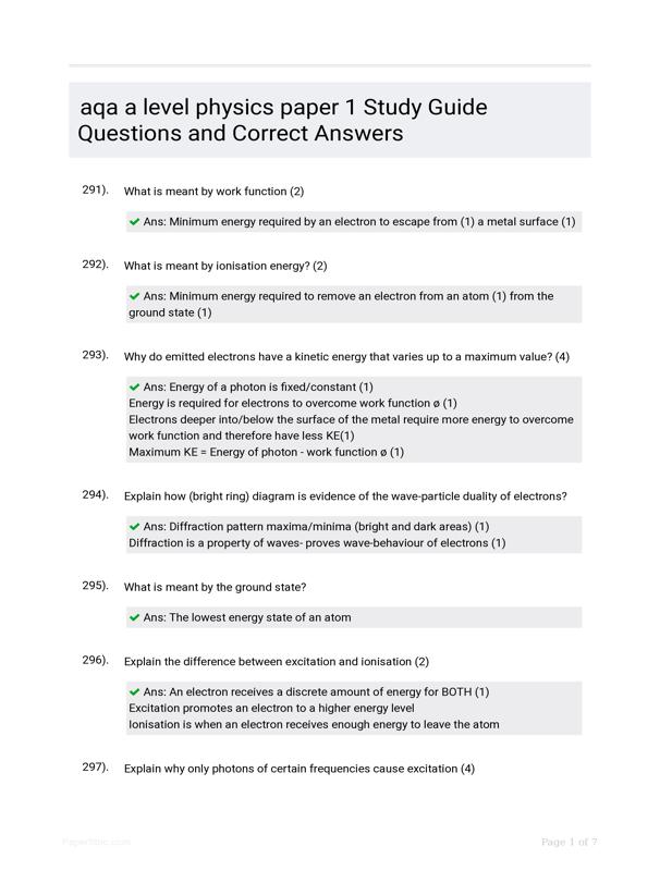 Aqa A Level Physics Paper 1 Study Guide Questions And Correct Answers