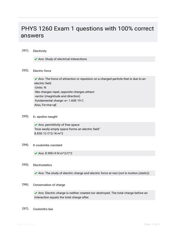 PHYS 1260 Exam 1 Questions With 100% Correct Answers