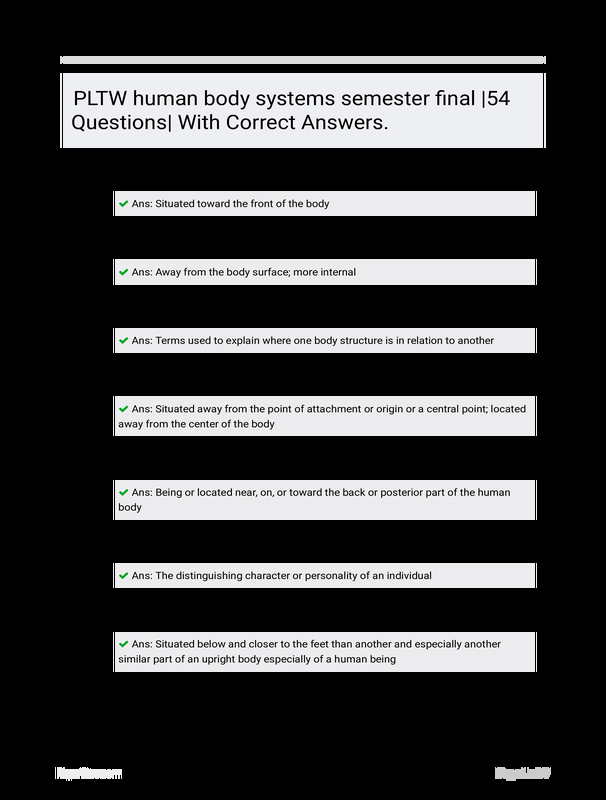 PLTW Human Body Systems Semester Final |54 Questions| With Correct Answers.