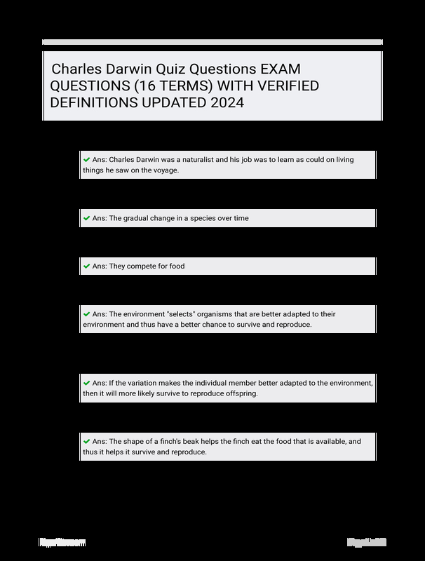 Charles Darwin Quiz Questions EXAM QUESTIONS (16 TERMS) WITH VERIFIED ...