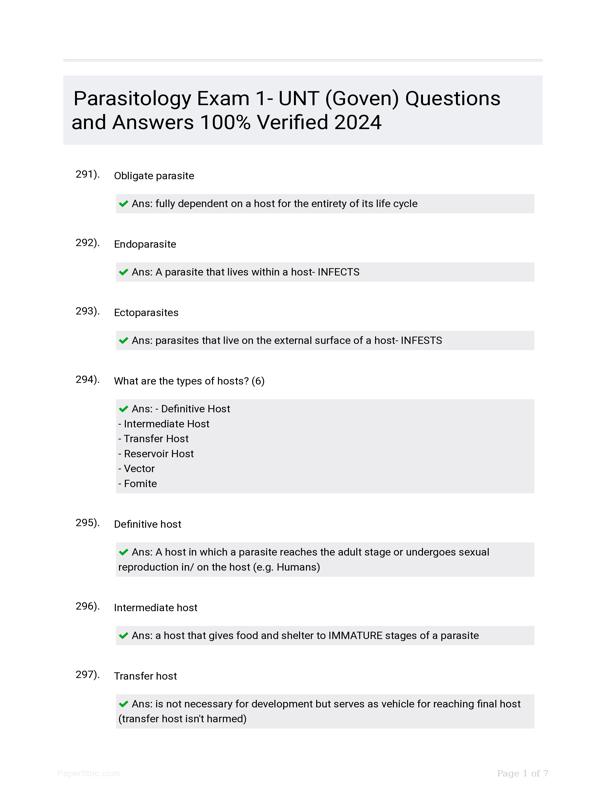 Parasitology Exam 1- UNT (Goven) Questions And Answers 100% Verified 2024