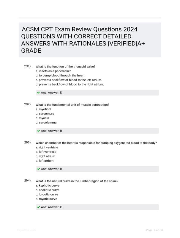 ACSM CPT Exam Review Questions 2024 QUESTIONS WITH CORRECT DETAILED ...