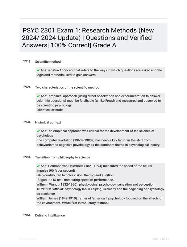 PSYC 2301 Exam 1: Research Methods (New 2024/ 2024 Update) | Questions And Verified Answers| 100 ...