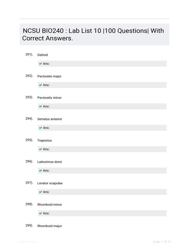 NCSU BIO240 : Lab List 10 |100 Questions| With Correct Answers.
