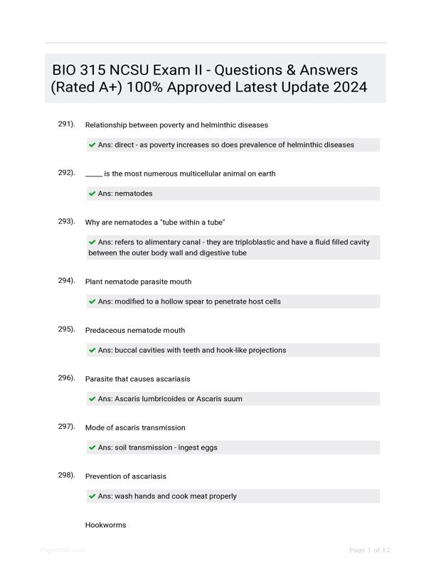 BIO 315 NCSU Exam II - Questions & Answers (Rated A+) 100% Approved ...