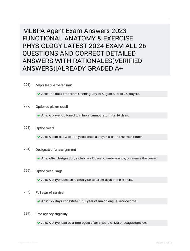 MLBPA Agent Exam Answers 2023 FUNCTIONAL ANATOMY & EXERCISE PHYSIOLOGY ...