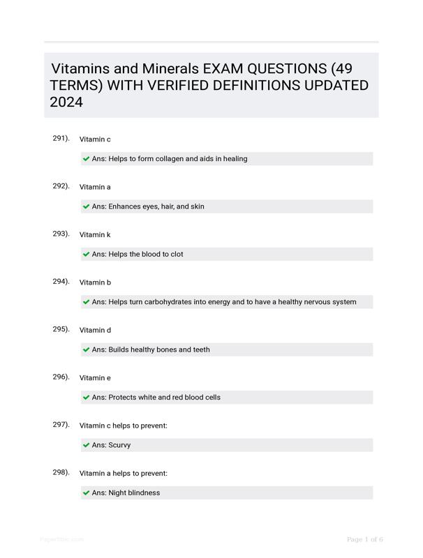 Vitamins And Minerals EXAM QUESTIONS (49 TERMS) WITH VERIFIED ...