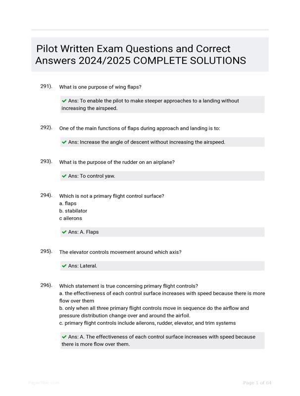 Pilot Written Exam Questions And Correct Answers 2024/2025 COMPLETE ...