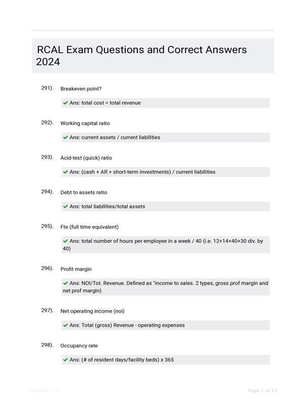RCAL Exam Questions And Correct Answers 2024