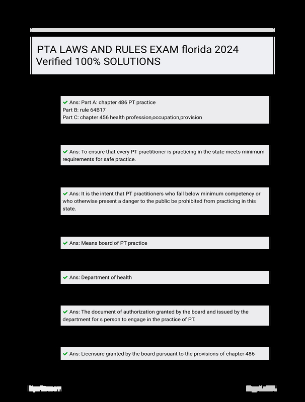 PTA LAWS AND RULES EXAM Florida 2024 Verified 100% SOLUTIONS