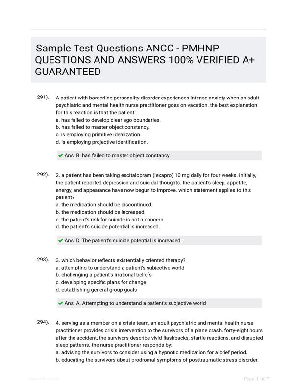 Sample Test Questions ANCC - PMHNP QUESTIONS AND ANSWERS 100% VERIFIED ...