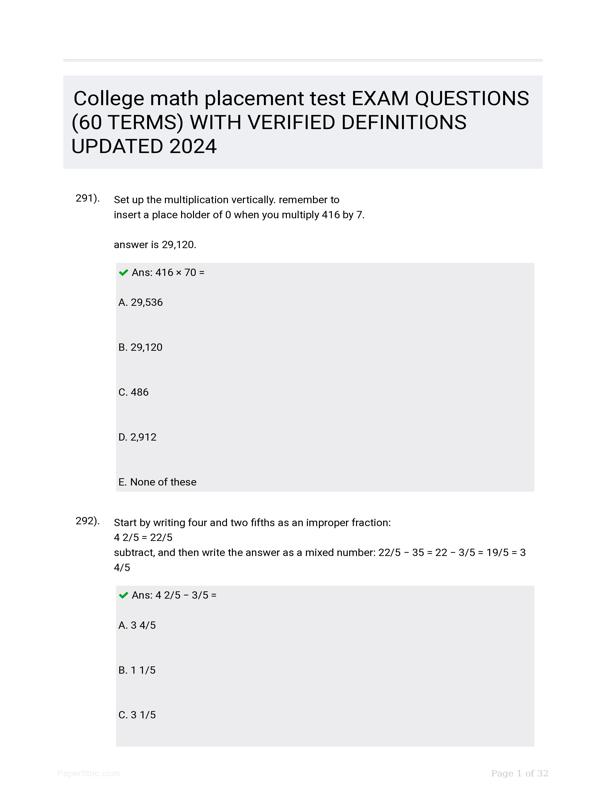 College Math Placement Test EXAM QUESTIONS (60 TERMS) WITH VERIFIED ...