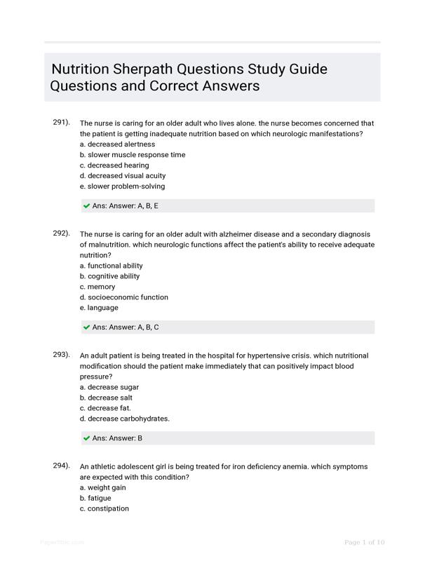 Nutrition Sherpath Questions Study Guide Questions And Correct Answers