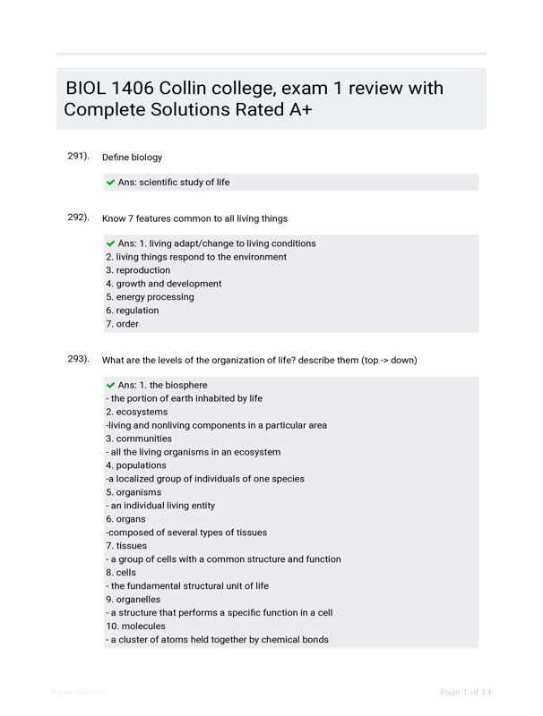 BIOL 1406 Collin College, Exam 1 Review With Complete Solutions Rated A+