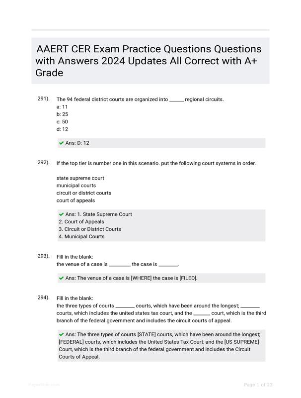 AAERT CER Exam Practice Questions Questions With Answers 2024 Updates ...